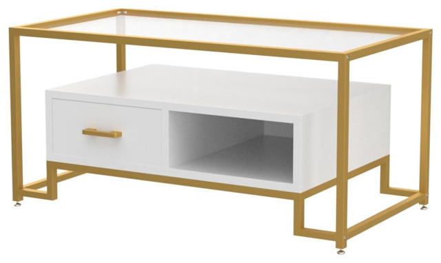 Contemporary Coffee Table, Gold Metal Frame With Rectangular Glass Top ...