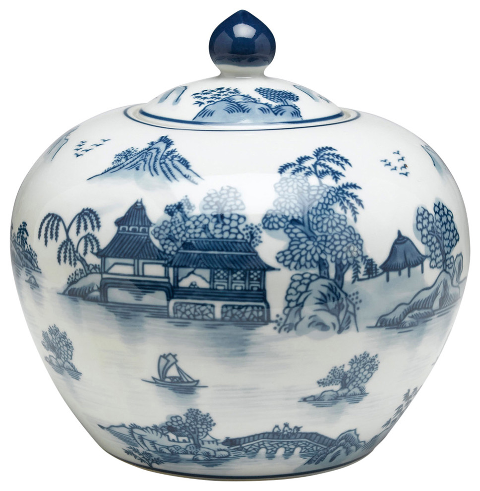 Blue and White Round Jar With Lid - Asian - Decorative Jars And Urns ...
