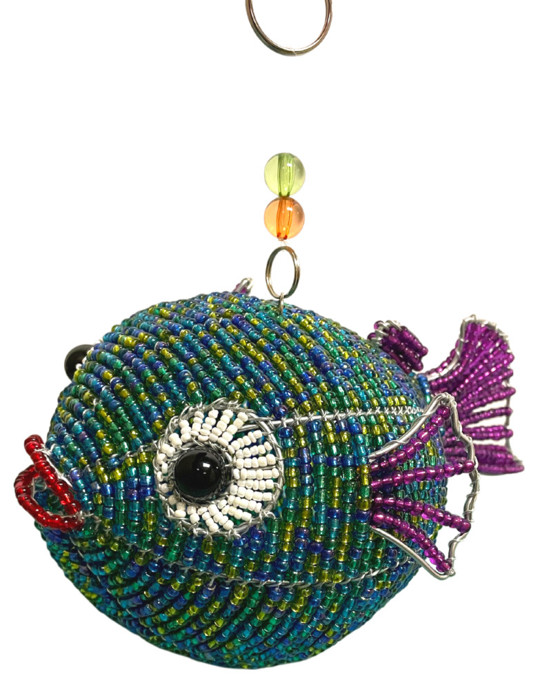 Purple Teal Puffer Blow Fish Ocean Glass Beaded Wire Hanging Sculpture ...