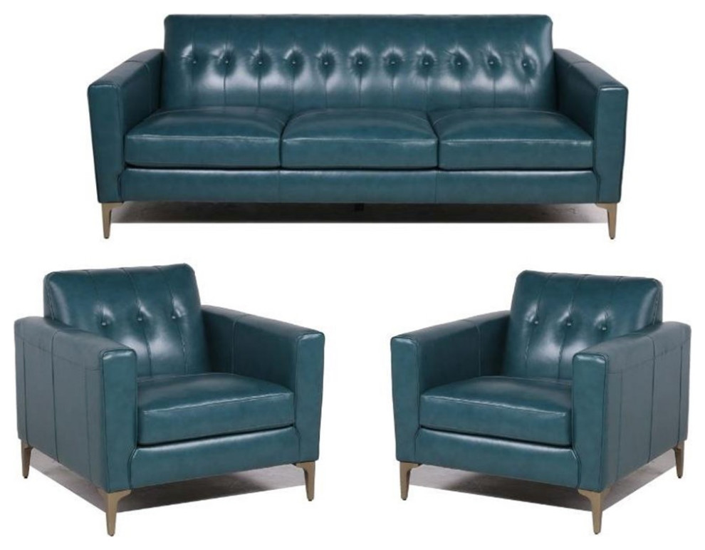 3 Piece Tufted Back Leather Sofa Set with 2 Accent Chairs In Turquoise ...