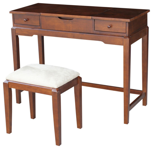 Large Vanity Set, Padded Stool & Table With Drawers & Flip Up Mirror ...