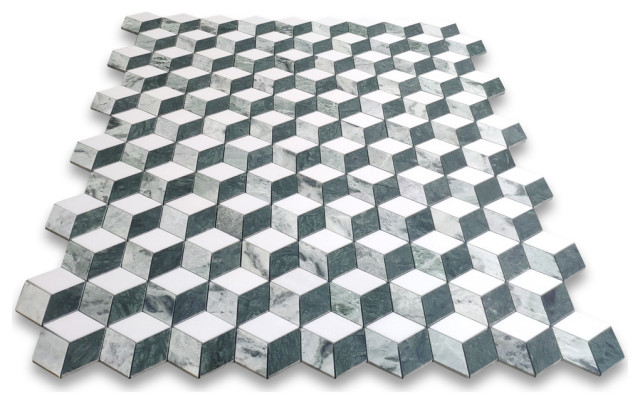 Thassos White Marble 3D Cube Rhombus Hexagon Mosaic Tile Green Honed, 1 ...
