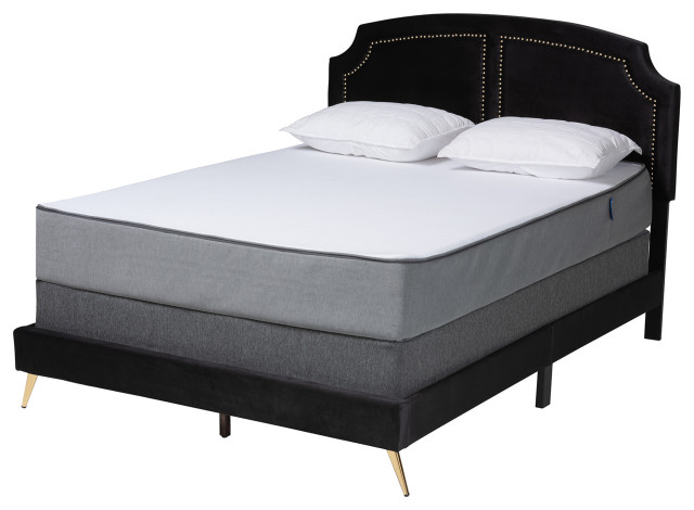 Kiera Black Velvet Queen Size Panel Bed - Midcentury - Panel Beds - by ...