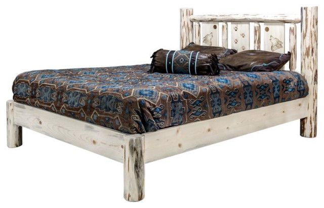 Montana Woodworks Wood Queen Platform Bed with Engraved Wolf Design in ...