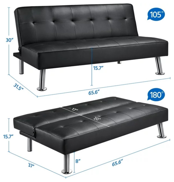 Convertible Faux Leather Futon Sofa Bed, Armless Design with Chrome ...
