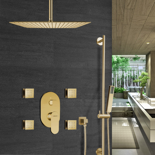 Bravat Brushed Gold Square Shower Set, Valve Mixer 3-Way Concealed ...