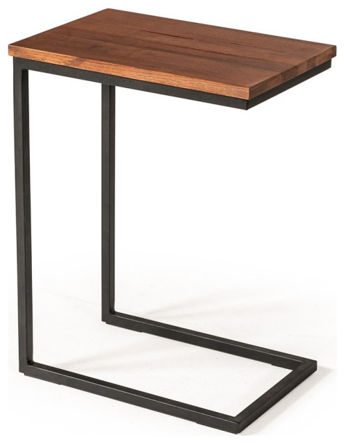 Modern Rustic Brown Aged Oak Wood and Metal C Shape Snack Table ...
