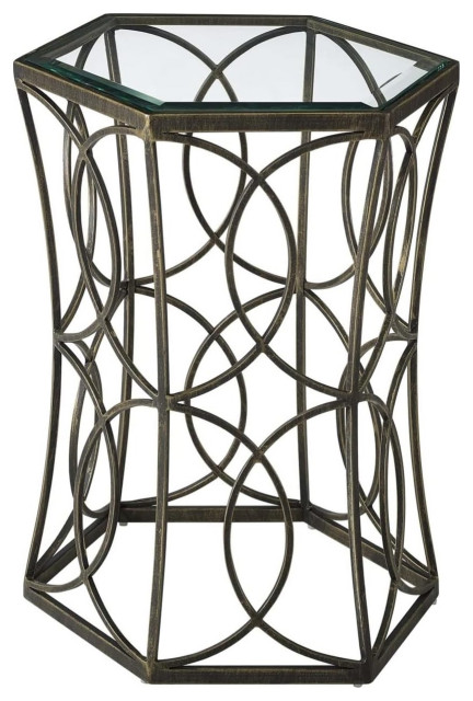 Modern Farmhouse Round Cast Iron End Table with Hexagonal Glass Top ...
