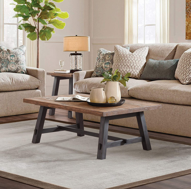 Industrial Coffee Table, Angled Legs and Rectangular Wooden Top, Rustic ...