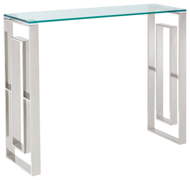 Elegant Console Table, Lattice Accented Stainless Steel Legs & Glass ...