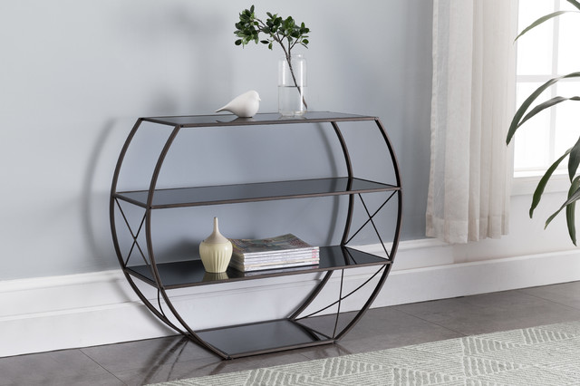 Pewter Metal & Black Tempered Glass Modern Entryway Console Table With ...