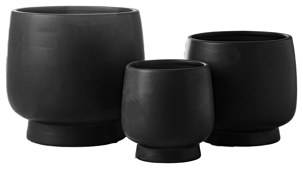 Round Ceramic Pot on Flared Base Design Matte Black Finish, Set of 3 ...