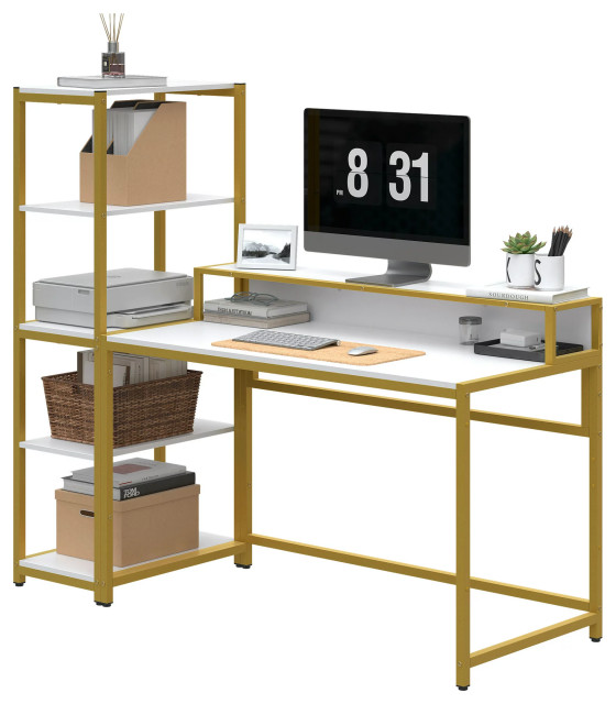 Multifunctional Desk, Golden Metal Frame & Spacious Top With Raised ...