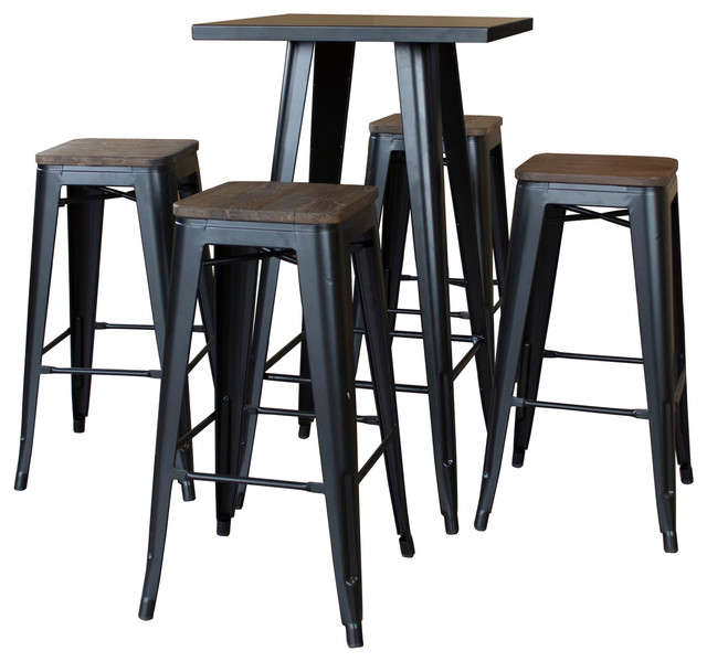 Loft Glossy Black 5-Piece Pub Set With Wood Top Bar Stools ...