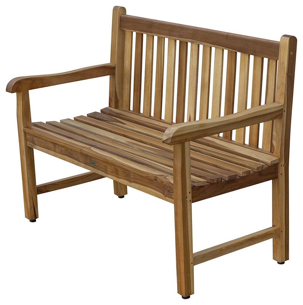 Outdoor Bench, Teak Wood Construction With Arms and Slatted Backrest ...