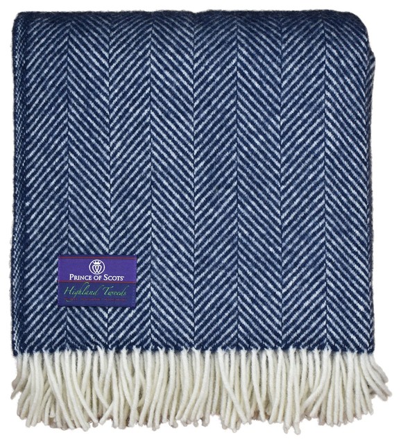 Highland Tweed Herringbone Pure New Wool Throw, Navy/White ...