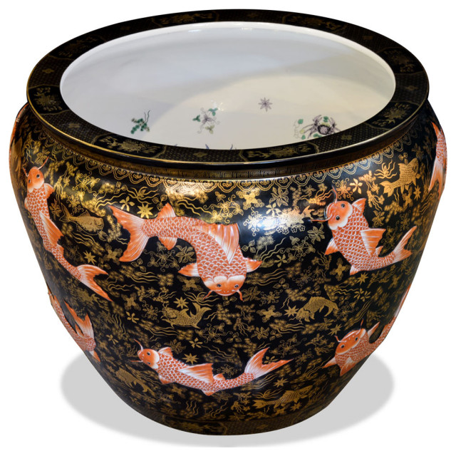 20.5 Inch Porcelain Koi Fish Motif Chinese Fishbowl Planter - Asian ...