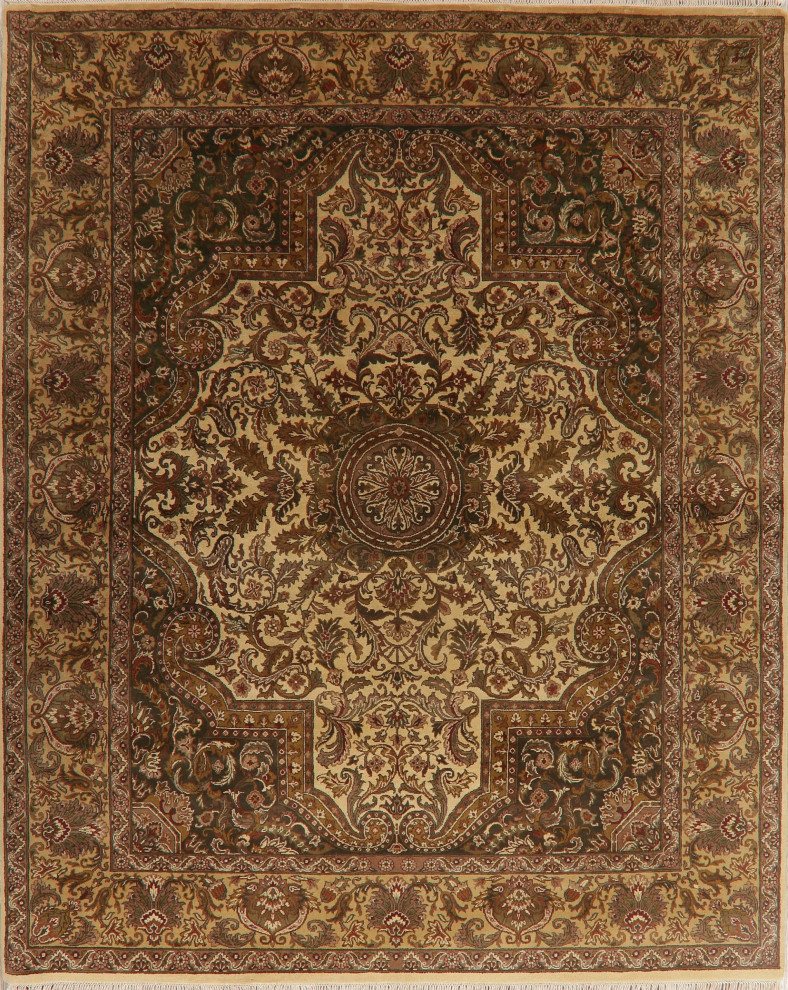 Floral Medallion Agra India Area Rug Handmade Oriental Carpet, Beige, 8 ...