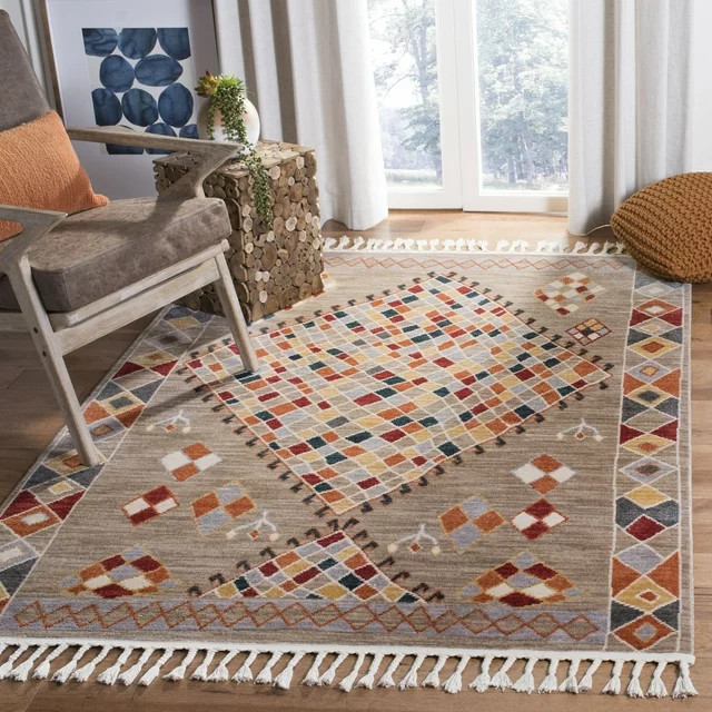Aztec Fringe Farmhouse Area Rug, Medallion Pattern with Braided Tassels ...