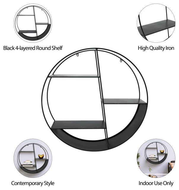 Metal, 32" 4-Layered Round Shelf, Black - Industrial - Display And Wall ...