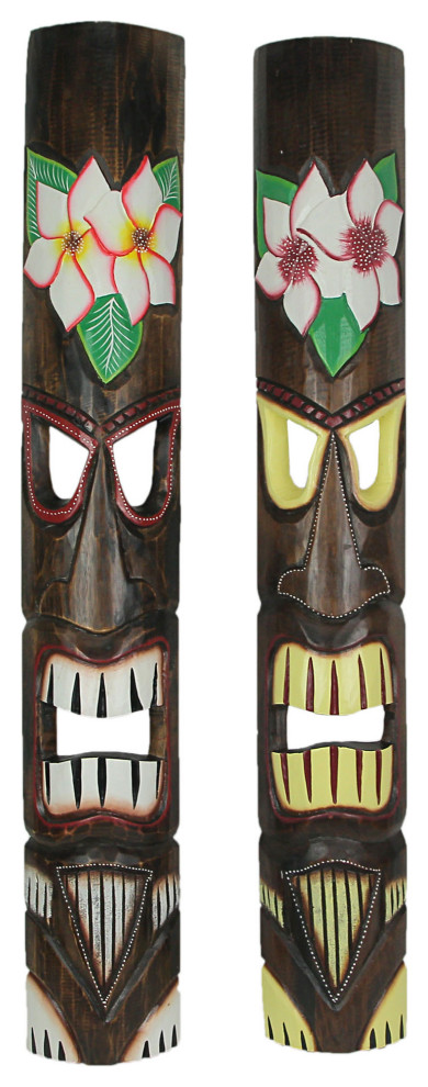 Hand Crafted Wooden Plumeria Flower Tropical Tiki Wall Masks 39" Set of ...