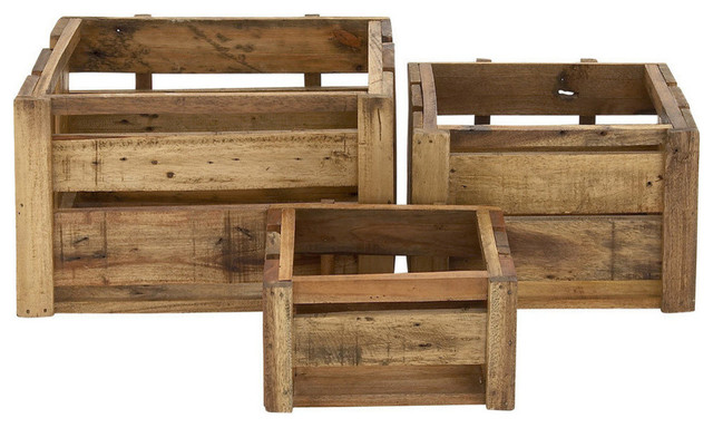 Farmhouse Brown Wood Storage Basket Set 45260, S/3 21", 16", 13"W ...