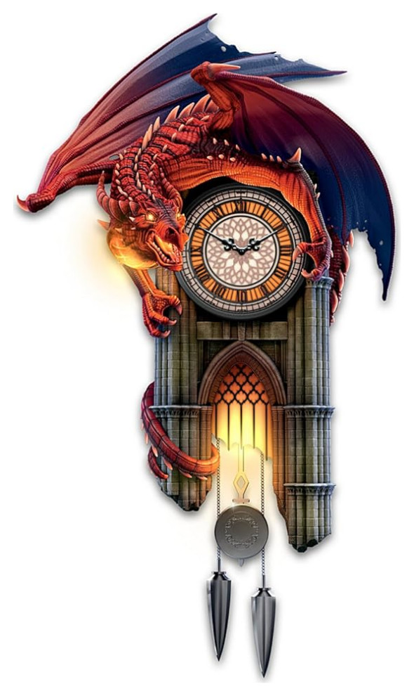 Sculptural Dragon Wall Clock with Gothic Cathedral Case Lights Up and ...