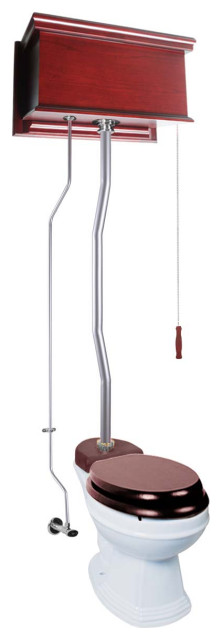 Cherry Wood Panel White Elongated High Tank Pull Chain Toilet ...