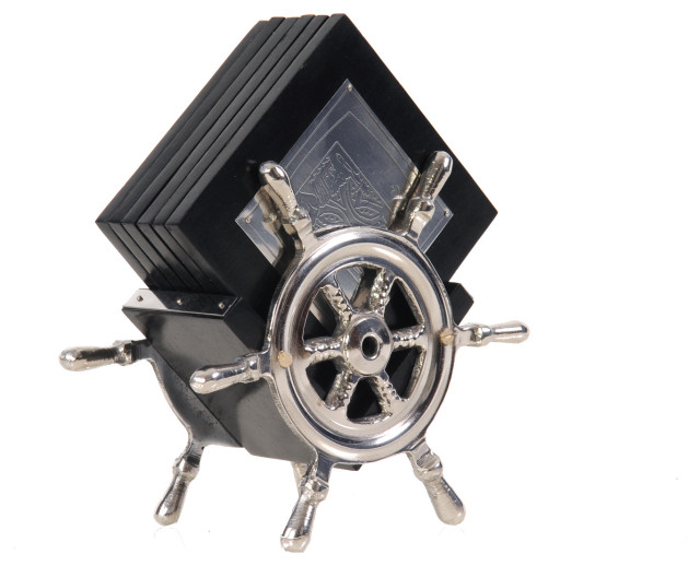 Set Of 6 Playing Card Coasters On Ships Wheel Stand - Beach Style ...