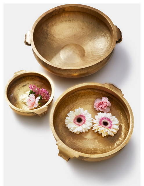 Gold Brass Hammered Metal Decorative Bowl, 3"x7.5" - Traditional ...