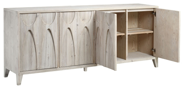 Ariel 79" Light White-Washed Finished Reclaimed Pine Carved Sideboard ...