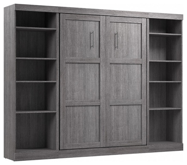 Bestar Pur Queen Murphy Bed and 2 Shelving Units (115W) in Bark Grey ...