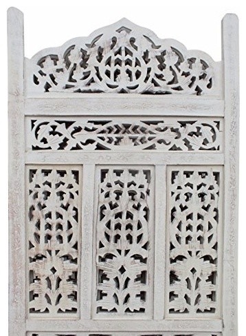4 Panel Wooden Room Divider Distressed White Aesthetic Carved Design ...