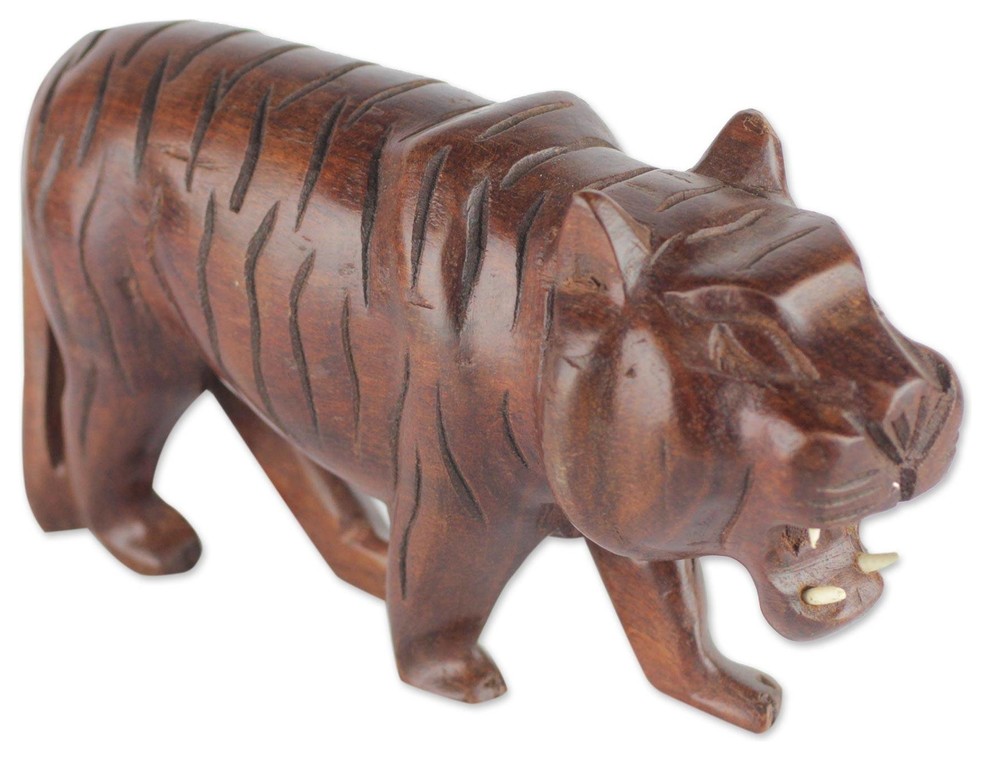 Novica Handmade Roaring Tiger Wood Sculpture - Contemporary ...
