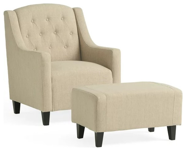 Sofia Light Beige Tufted Fabric Chair and Ottoman with Sloped Arms ...