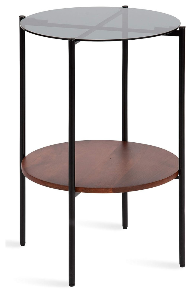 Modern End Table, Metal Frame With Walnut Brown Wooden Shelf & Tinted ...