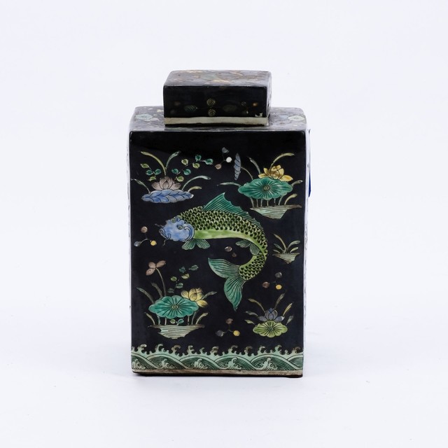 Legend of Asia Black Square Tea Jar With Fish Motif 1471 - Asian ...