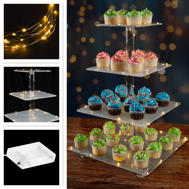 4-Tier Cupcake Stand Square Acrylic Display Stand With LED Lights ...