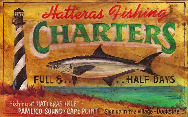 Vintage Beach Signs, Hatteras Fishing Charters - Beach Style - Prints ...