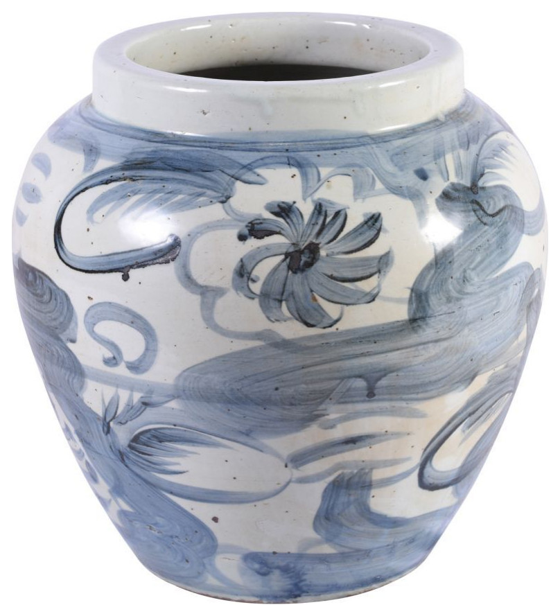 Blue And White Porcelain Twisted Flower Wide Open Top Jar - Decorative ...