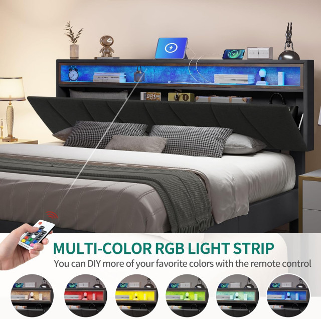 Modern Platform Bed, Channel Tufted Headboard With Storage & USB Ports ...