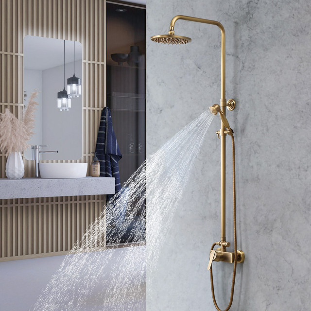 Antique Brass Wall Mount Shower System with 8" Rain Shower Head and ...