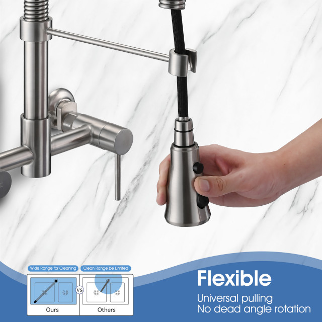 Double Handle Wall Mounted Spring Neck Bridge Kitchen Faucet ...