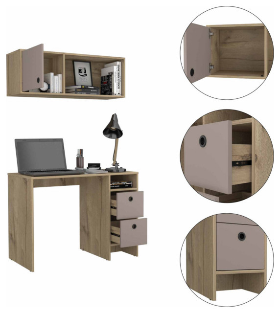 Tokyo Office Desk Set and with Wall Cabinet, Light Oak/ Taupe ...