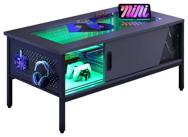 Modern Coffee Table, Glass Top & Sliding Doors With Led Lighting ...