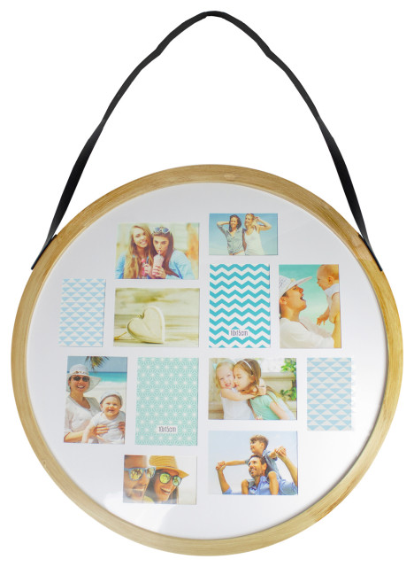 28" Wooden Finish Round Collage With 12 Slots for Photos Wall Decor ...