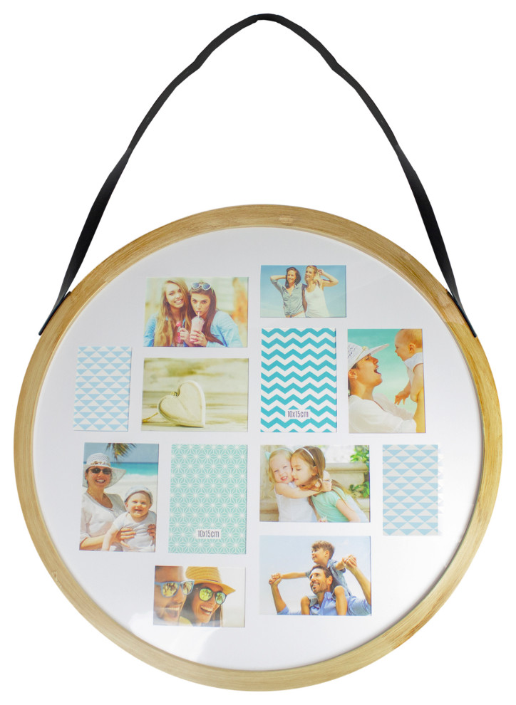 28" Wooden Finish Round Collage With 12 Slots for Photos Wall Decor ...