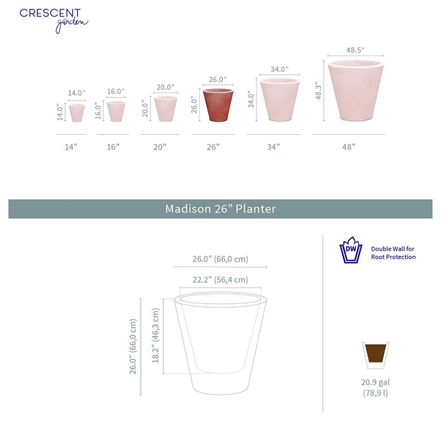 Crescent Garden Madison Planter, Double-Walled Plant Pot, 26" (Alpine ...