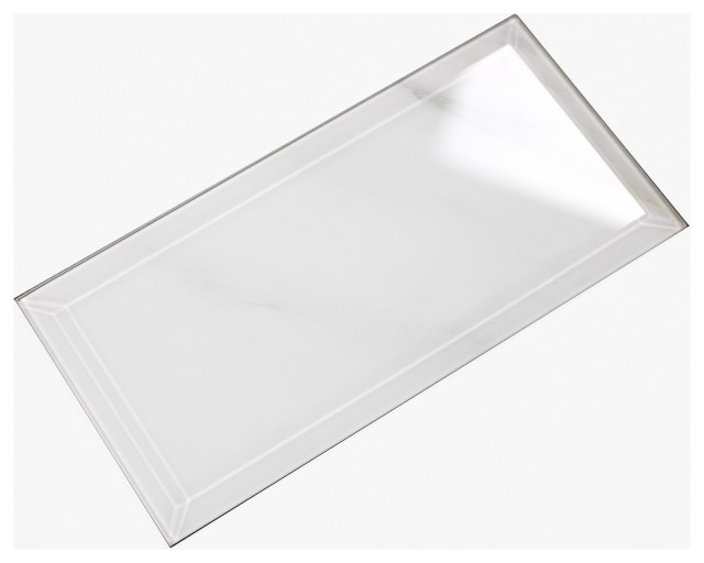 Nature 4 in x 8 in Beveled Glass Subway Tile in Glossy Calacatta White ...
