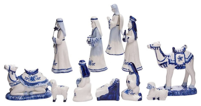Kurt Adler Porcelain Delft Nativity 11-Piece Set - Traditional ...
